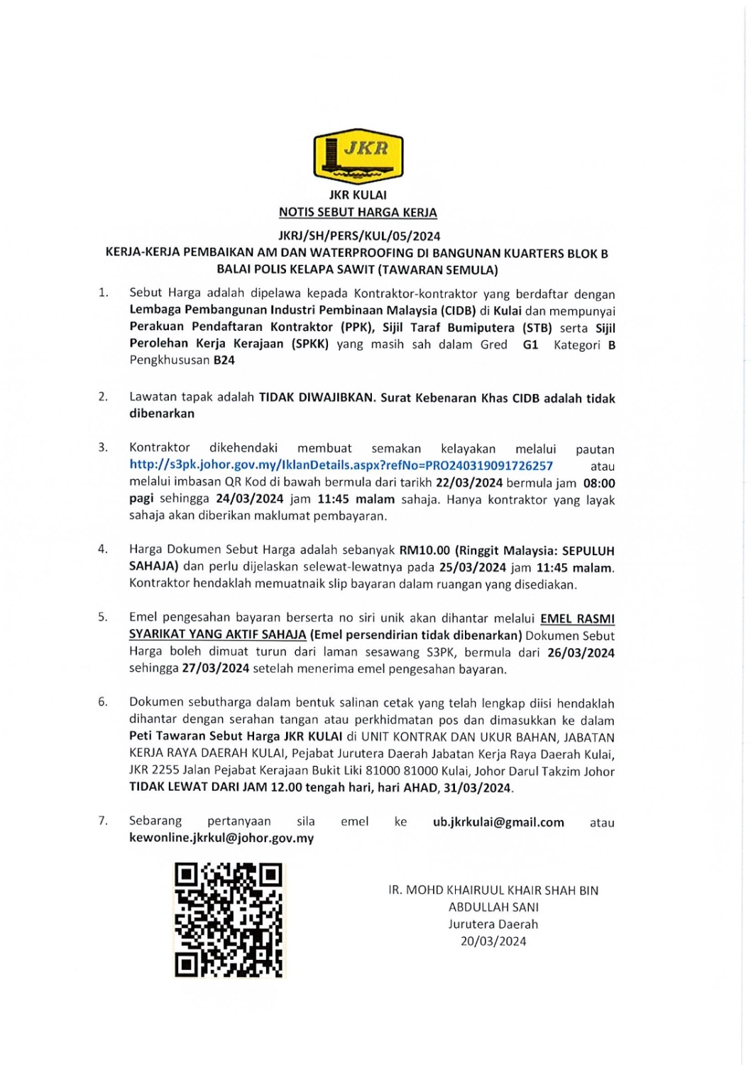 SEBUT HARGA JKR (D) KULAI : KERJA-KERJA PEMBAIKAN AM DAN WATERPROOFING ...